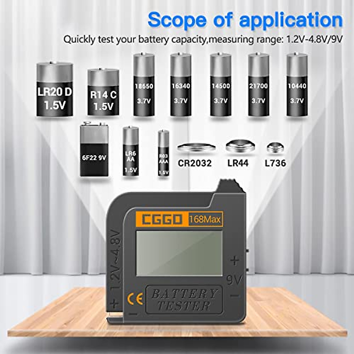 CGGO 168MAX Battery Tester,Suitable for AA AAA C D 9V 1.5V Button Cell Batteries，Portable Universal Digital Battery Charge Checker,Black