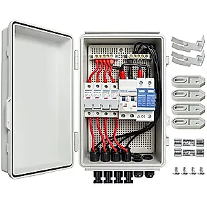 EXCELFU 4 String PV Combiner Box for Solar, with Lightning Arreste & 15A Rated Current Fuse and 63A Circuit Breaker, IP65 Waterproof Solar Combiner Box for On/Off Grid Solar Panel System