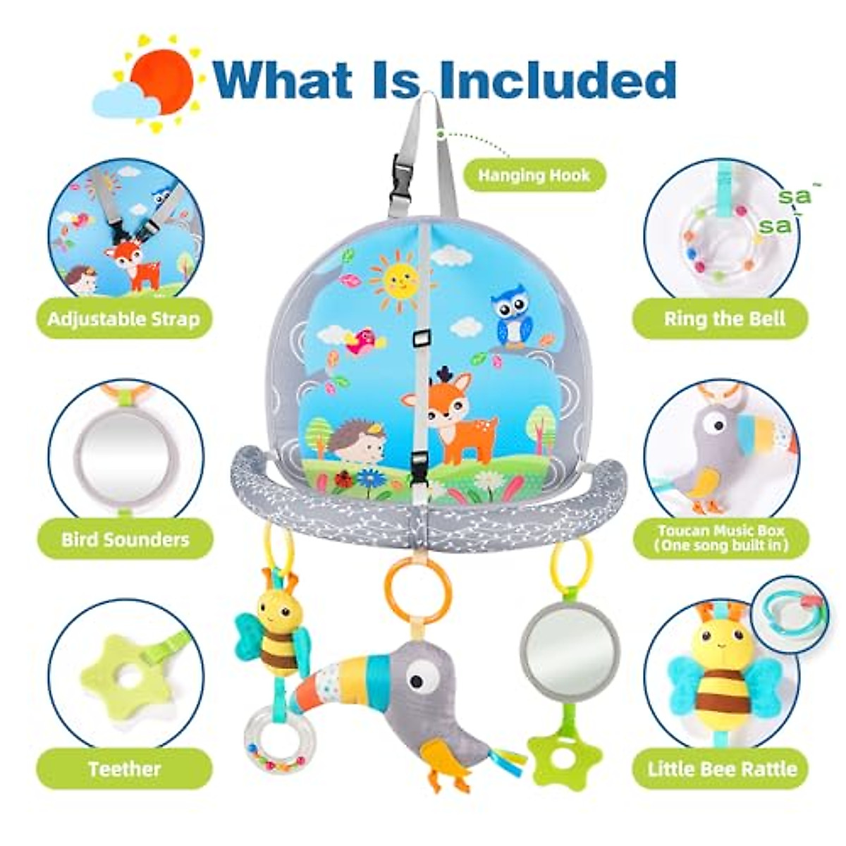 Koty Rear Facing Car Seat Toy, Baby Kick & Play Activity Center, Car Seat Activity Arch with Music, Mirror and Rattle Toys for Children, Developmental Toys for Babies, Travel Toddler Toys (Toucan)