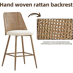 JALOURT Rattan Counter Height Bar Stools Set of 2, Modern Upholstered Bar Stools with Full PE Cane Back,26''Rattan Back Counter Stools with Solid Metal Legs for Kitchen Bar Island,Brown