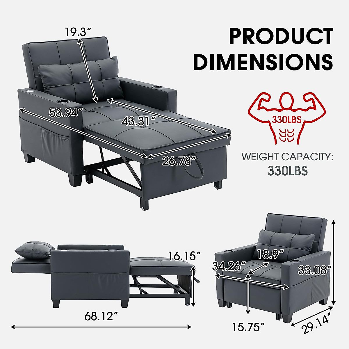 NIOIIKIT Convertible 3-in-1 Pull Out Bed, Leather Upholstered Single Sleeper Sofa Bed with USB Ports, Cup Holders & Side Pockets, Lounge Chaise for Living Room (Light Grey Leather)