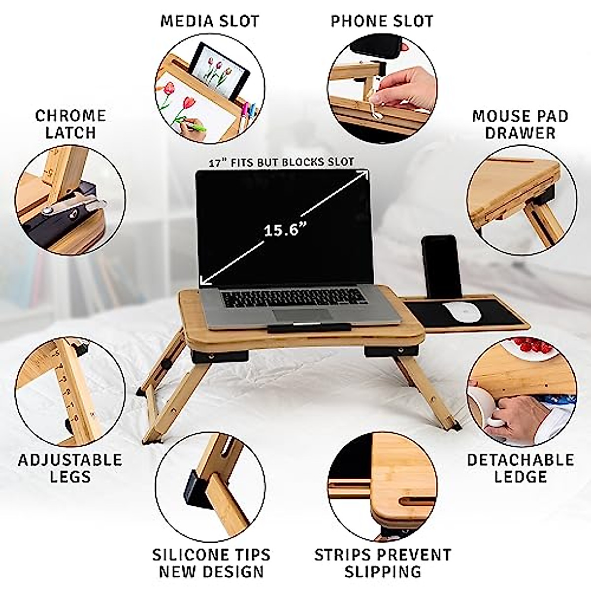 Foldable Laptop Bed Desk with Mouse Pad, Adjustable Folding Bamboo Tray Lap Stand Table for Work Breakfast College Students - Fits up to 17 Inch Laptops