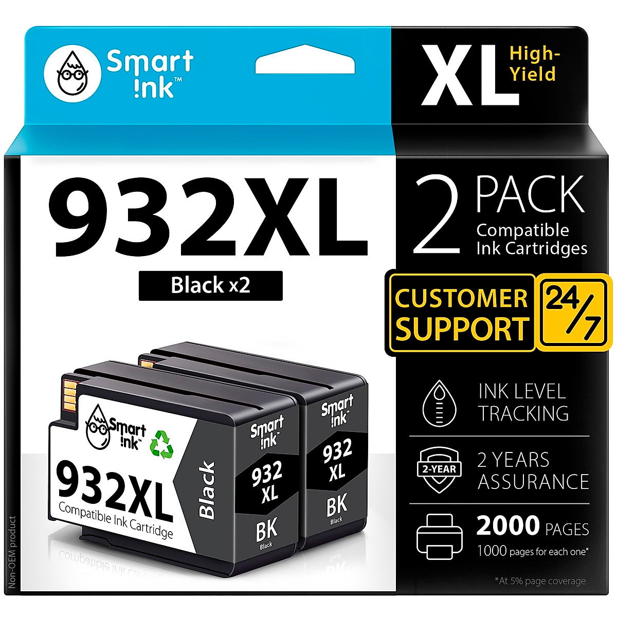 Smart Ink Compatible Ink Cartridge Replacement for HP 932XL 932 XL (2 Black, Pigment Ink Cartridges Combo Pack) to use with OfficeJet 6600 6700 7510 7610 7612 6100 7620 7110 Printers