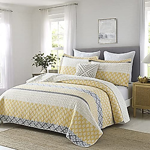 DDUOXIN Floral Quilts Queen Size - 100% Cotton Reversible Queen Quilt with 2 Pillow Shams, Farmhouse Striped Bedspreads Lightweight Queen Quilt Bedding Set, Yellow Gray, Queen