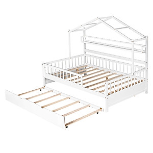 Merax Full Size House Bed with Trundle, Wooden Full Size Platform Bed Frame with Shelf, No Box Spring Needed, White