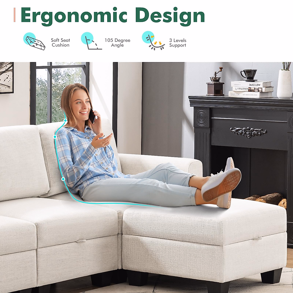 WACASA Convertible Sectional Sofa Couch with Storage, 3 Seat Sofa Modern Linen Fabric Upholstered L-Shaped Couch with 91.5'' Wide Seat, Comfy Sofa Sleeper Couches for Living Room Bedroom, Ivory