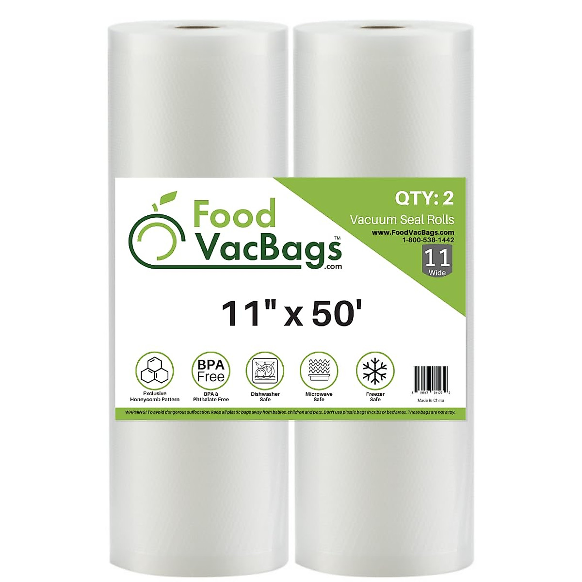 2 Rolls 11-Inch-by-50-Foot Vacuum Food Sealer Bags - Compatible with Foodsaver - Embossed Commercial Grade FoodVacBags Make Own Size for Sous Vide or Storage