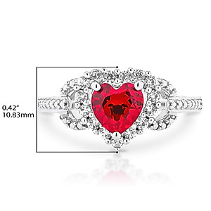Lexi and Rose .925 Sterling Silver, Heart Cut Lab-Grown Ruby & Round Lab-Grown White Sapphire Halo Promise Ring - Size 8
