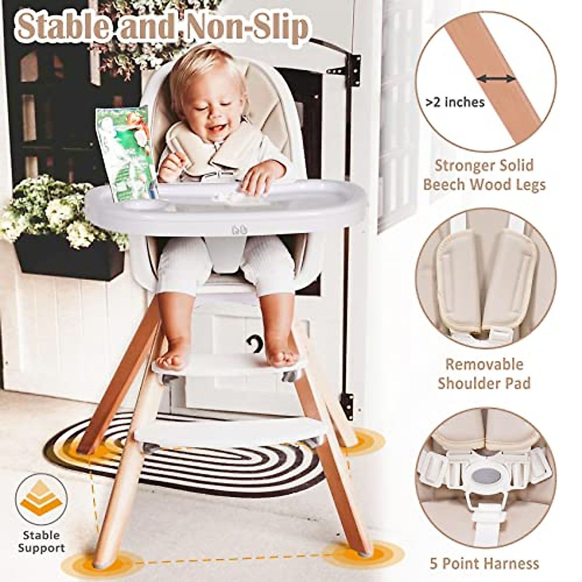 Baby High Chair with Double Removable Tray for Baby/Infants/Toddlers, 3-in-1 Wooden High Chair/Booster/Chair | Adjustable Legs | Easy to Assemble, Cream