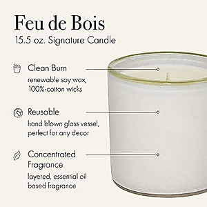 LAFCO New York Signature Candle, Feu de Bois - 15.5 oz - 90-Hour Burn Time - Reusable, Hand Blown Glass Vessel - Made in The USA