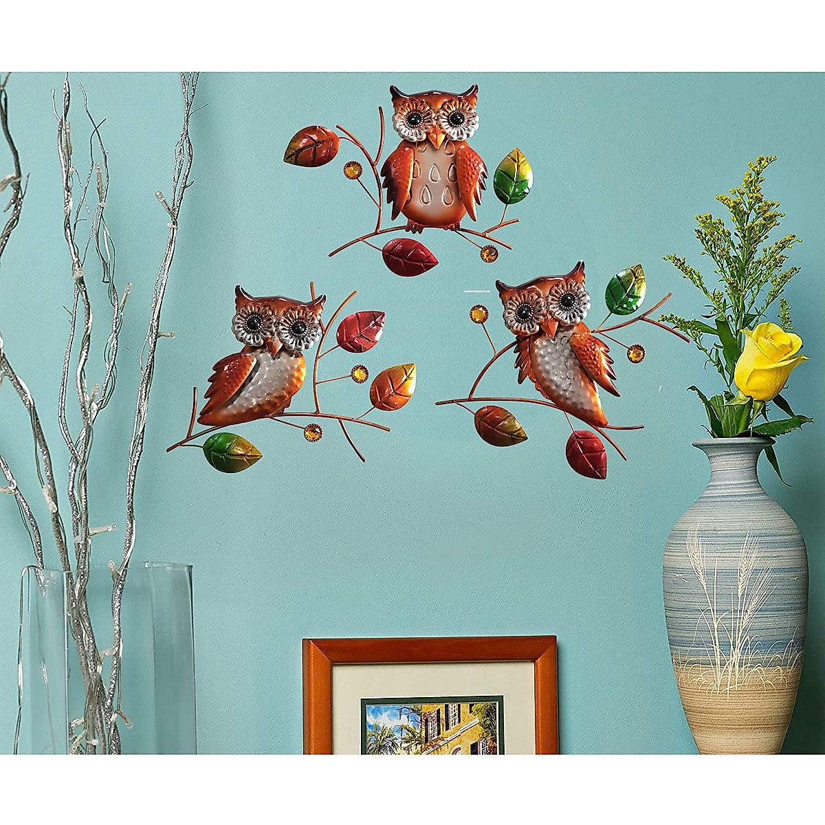 ORG Owl Trio Metal Wall Art Decoration For Harvest Thanksgiving Halloween, Owl Wall Plaque Sculpture Hanging for Garden,Patio,Living Room,Dining Room Bathroom , 3 Pack, ORANGE, 26*1.5*20 CM