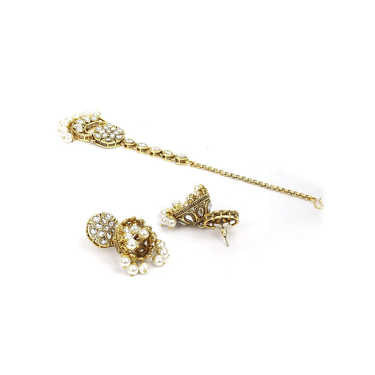 Priyaasi Kundan Indian Jewellery Set for Women with Mang Tikka | Gold-Plated | Floral-Leaf Design | Pearl Drop | Indian Bridal Jewelry Set for Wedding | Jhumka Earrings | White & Golden