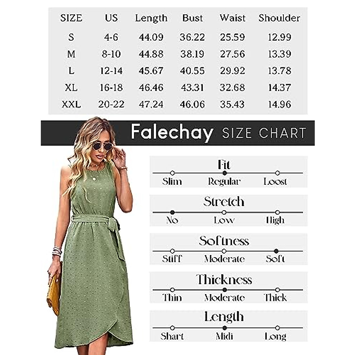Falechay Midi Dresses for Women Wedding Guest with Belt Pocket Crew Neck Sleeveless Green Dress L Loose Vacation