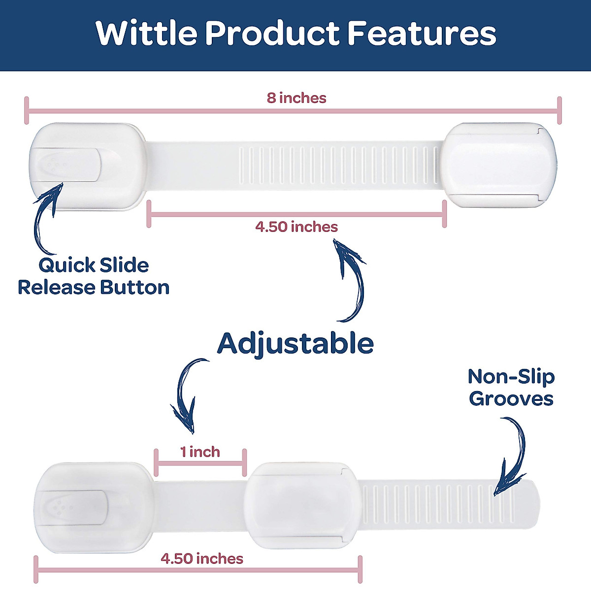 8-Pack Child Safety Cabinet Locks - Adjustable Child Cabinet Locks with 3M Adhesives - White and Clear Baby Locks for Cabinets and Drawers, and More - Easy to Install Baby Proofing Cabinets by Wittle