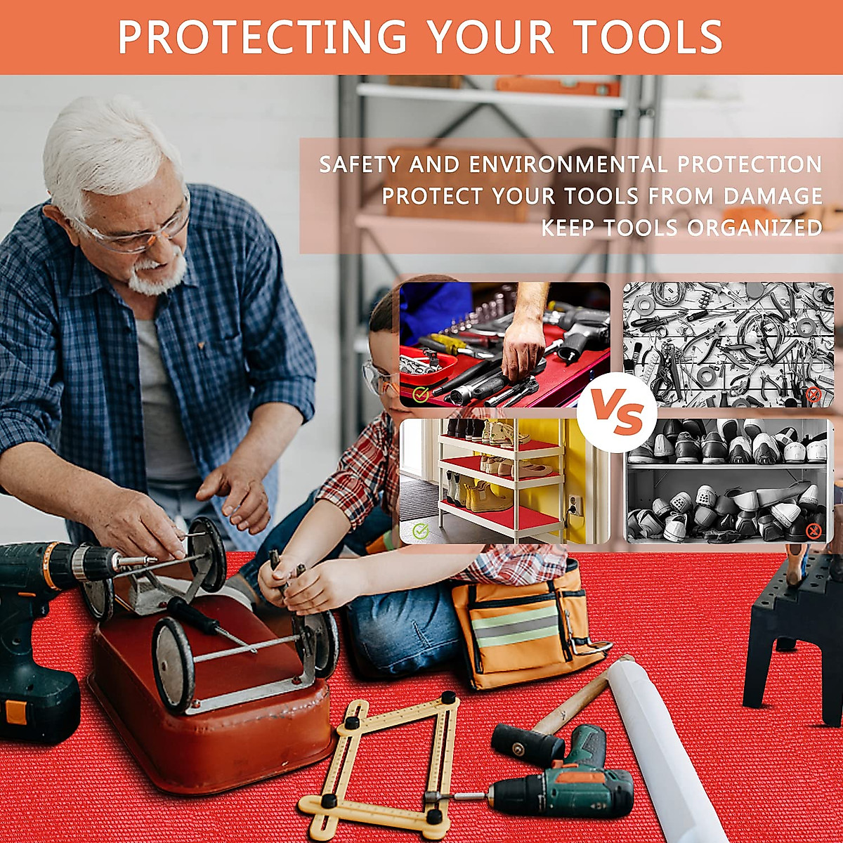 Foam Toolbox Liner Drawer Mat 1/8 Inch Thick X 16 Inch Wide X 16 Ft Long Red, No Slip for Protecting Cabinet, Garage, Cart, Tool Box