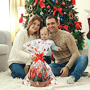 MIMIND 12 Pieces Christmas Large Basket Bags Clear Cellophane Bags 20 x 28 Inch Red Green Basket Bags Clear Thickened Gift Cookie Bags with Red Green Twist Ties, Bows Ribbon for Christmas Gift Baskets