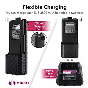 MIRKIT 2pc UV5R Battery BL-5 3800mAh & 2pc 2.5 mm USB Charger Cables with Lanyards Mirkit for Two Way Radio Compatible with Baofeng UV-5R BF-F8HP UV-5RX3 UV-5RTP UV-5X3