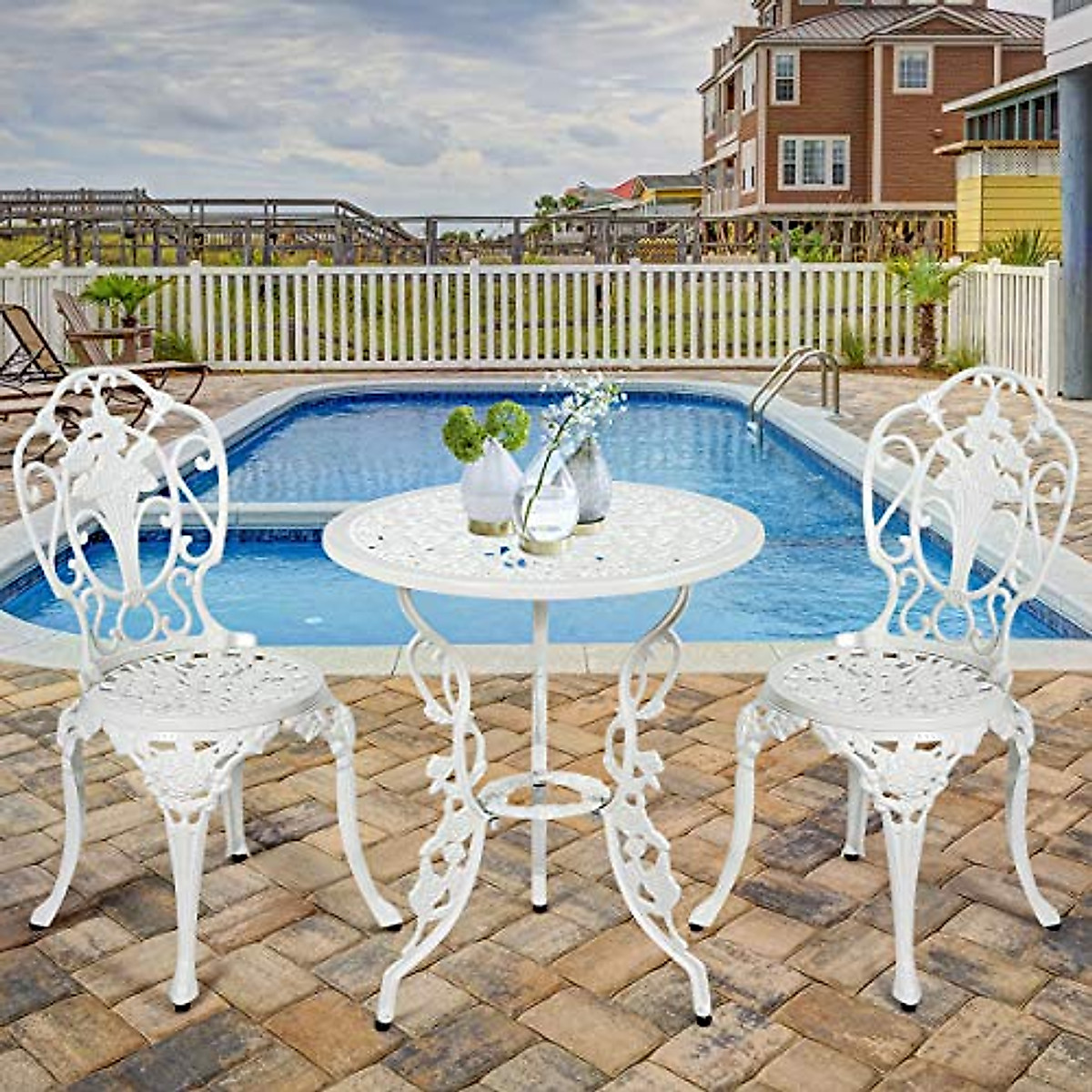 Giantex 3 Piece Bistro Set Cast Tulip Design Antique Outdoor Patio Furniture Weather Resistant Garden Round Table and Chairs w/Umbrella Hole