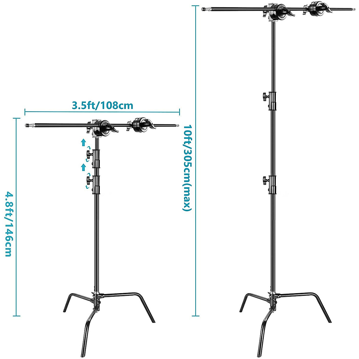 Neewer Photo Studio Heavy Duty 10 feet/3 meters Adjustable C-Stand, 3.5 feet/1 meter Holding Arm, 2 Pieces Grip Head for Video Reflector, Monolight and Other Photographic Equipment (Black)
