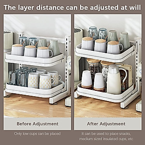 A.B Crew Adjustable 2-Tier Cups Mugs Drying Rack with Drain Tray Cups and Mugs Storage Organizer Coffee Cup Storage Shelf for Kitchen Countertop Decoration White