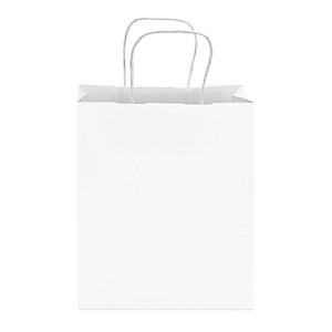 Prime Line Packaging 8x4x10 100 Pack Small White Kraft Paper Shopping Bags with Handles, Business, Boutiques, Retail, Birthdays, Party Favors, Bulk