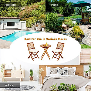 Generic VcJta 3 Piece Folding Acacia Wood Bistro Set with Cushions for Patio Conversations Outdoor Furniture, Wooden, E385022938355