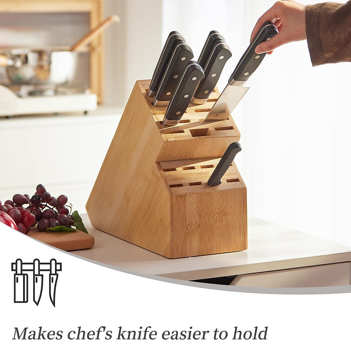 Knife Block Countertop Butcher's Knife Rack and Organizer 20 Slot Knife Holder Large Bamboo Knife Rack (Knife Not Included), Universal Knife Rack Strap (Natural)