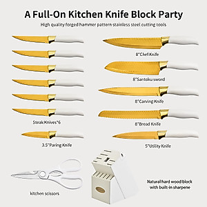 Knife Set, Non Stick Thick and Sharp Stainless Steel Kitchen Knives Set with Wood Block, 14 Pcs Cutlery Knives Block Set with Steak Knife, Bread Knife, Scissors, Chef Quality, White Handle Gold Blade