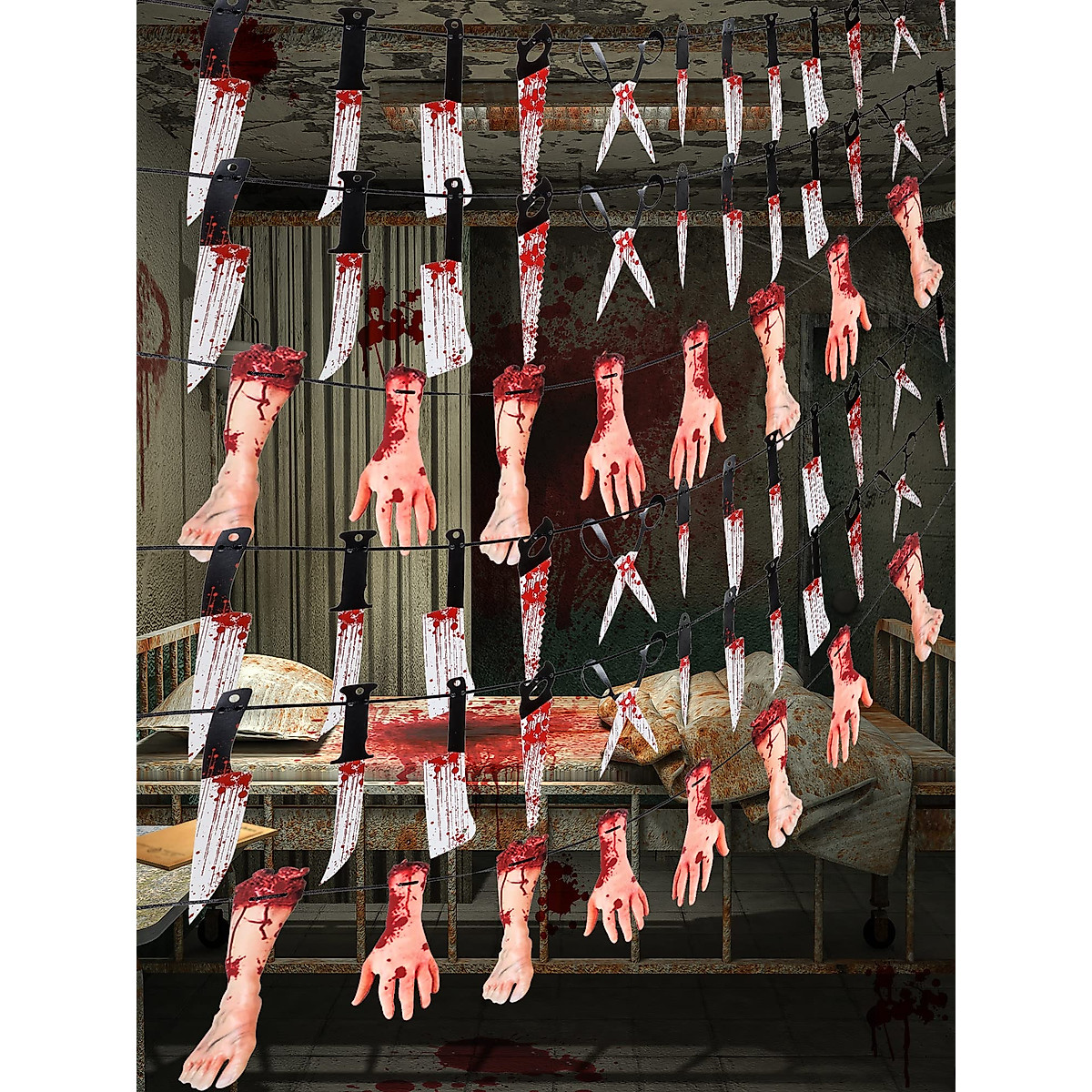 Outus 6 Sets Halloween Garland Banner, Include 48 Garland and 16 Fake Scary Broken Hands and Feet Hanging Decor, Halloween Party Decoration Scary Banner Supplies