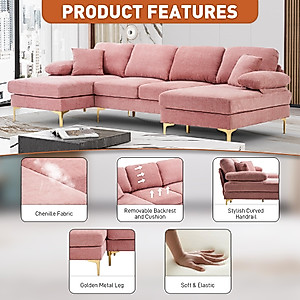 OUYESSIR U-Shaped Sectional Sofa Couch, 4 Seat Sofa Set for Living Room, 110.6" L-Shaped Chenille Sleeper Couch Set with Double Chaise Lounge (Pink)