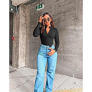 OQQ Women's 2 Piece Bodysuits Sexy Ribbed One Piece Zip Front Long Sleeve Tops Bodysuits Black Beige