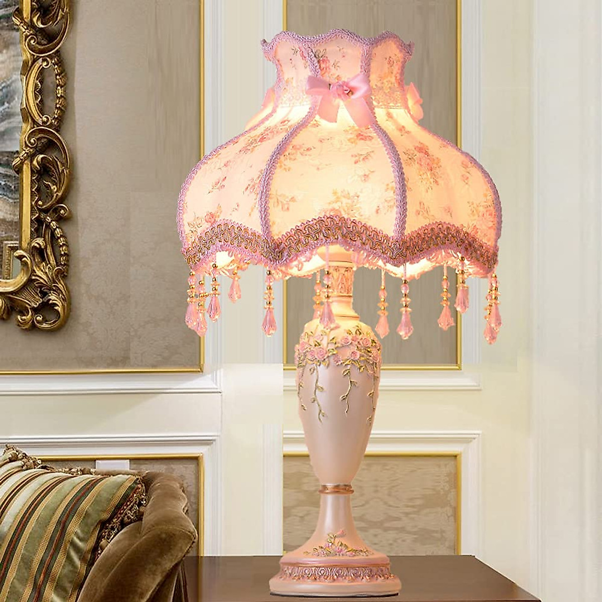 GaRcan Mid-Century Pink Desk Lamps Art Deco Resin Table Lamp Reading Bedside Light Fabric Princess Shade for Living Room Office, Study Room, Bedroom, Dorm Room,Pink