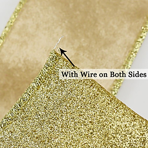 HUIHUANG Champagne Velvet Wired Ribbon 2-1/2" Champagne Gold Christmas Ribbon with Glitter Gold Backing, for Christmas Tree, Tree Top Bows, Wreaths, Graland, Home Decor, Crafts-10 Yards