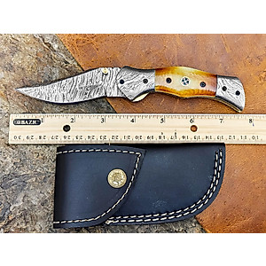 WINTERFELL Damascus Steel Hunting Pocket Knife with Burnt Camel Bone Handle and Leather Sheath - 7.5" Custom Gift Knife for Men - Unique Anniversary, Birthday gifts for Husband, Dad, Boyfriend