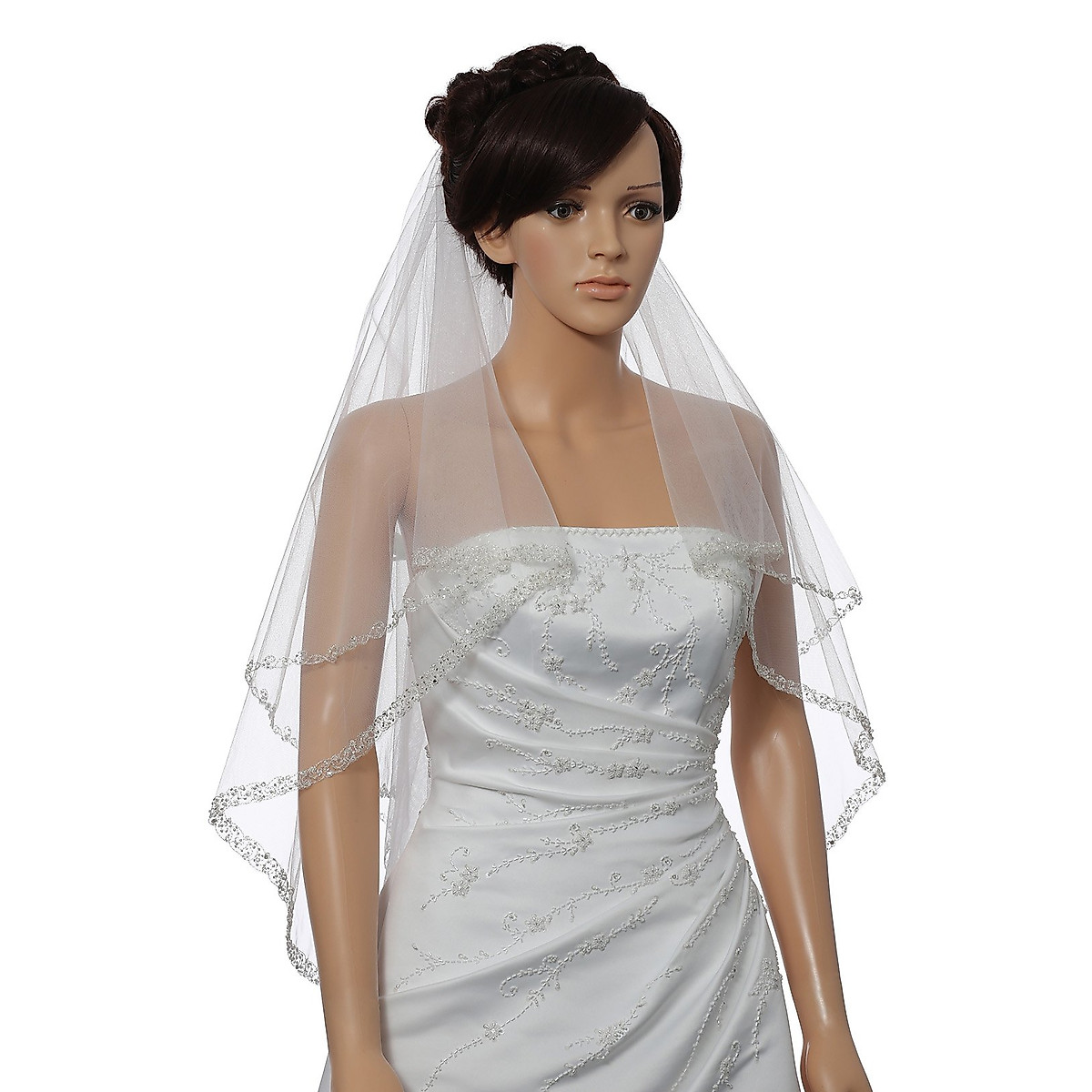 SAMKY 2T 2 Tier Dual Edge Embroided Pearl Crystal Beaded Veil - Light Ivory Fingertip Length 36" V453