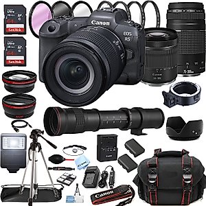 Canon EOS R5 Mirrorless Digital Camera with RF 24-105mm f/4-7.1 STM Lens + 75-300mm F/4-5.6 III Lens + 420-800mm Super Telephoto Lens + 128GB Memory + Case + Tripod + Filters (44pc Bundle)