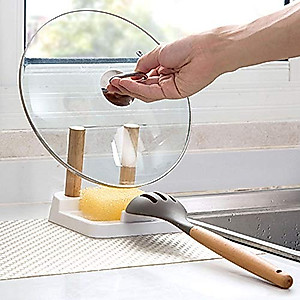 XJJZS Wooden Pot Rack Spoon Holder Pan Cover Lid Rest Stand Home Applicance Drain Rack The Goods for Kitchen Accessories