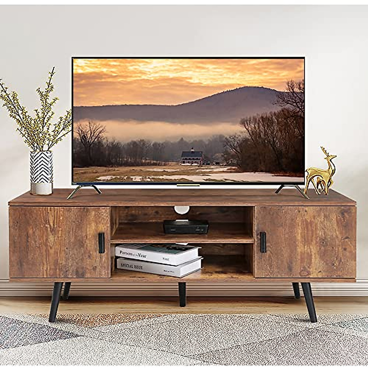 Iwell Mid-Century Modern TV Stand for 55 Inch TV, Entertainment Center TV Console with 2 Storage Cabinet and Shelves, TV Stand for Living Room/Bedroom, Rustic Brown