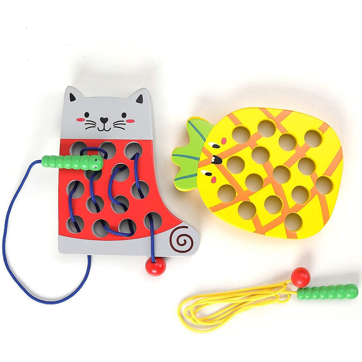 QZMTOY Wooden Lacing Toy, Cat Pineapple Threading Toys Toddler Activities Fine Motor Skills Montessori Toys for Toddlers Travel Game Early Learning Educational Gifts for Boys Girsl Baby Kids