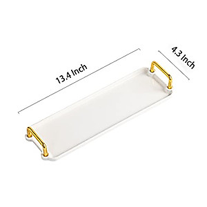 Porcelain Serving Tray with Gold Handles, 14 x 4 inch White Decorative Tray with 1”Wall, Long Narrow Coffee Table Tray Rectangular Tea Tray Decor with Gold Rim for Party, Entertaining S Halyuhn
