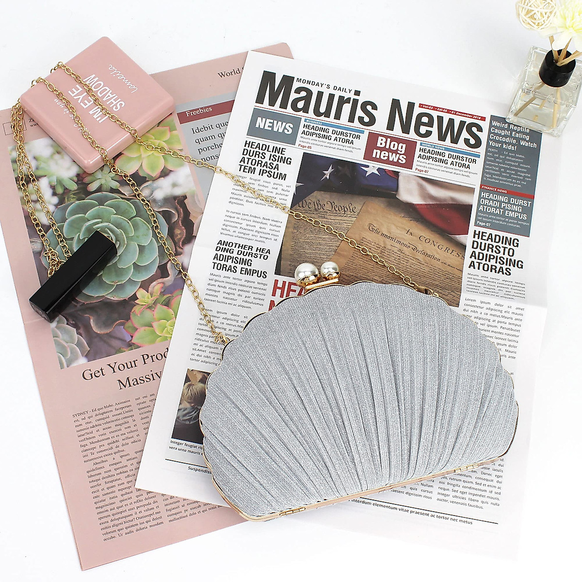 Felice Ann Women Mini Seashell Evening Bag Clutch Handbag Chain Strap Cross-body Shoulder Bag, Pleated Silver