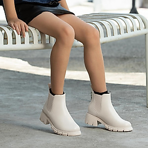 Athlefit Girls Ankle Boots Kids Comfortable Slip on Lug Sole Chelsea Booties for Toddler Little Kid Big Kid Beige Size 5