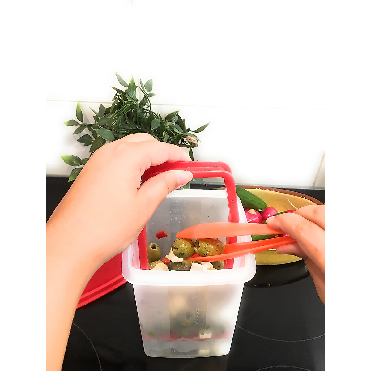 BloxBerry Pickle Jar with Strainer Insert - Plastic Leak Proof Food Saver Container - For Fresh Fruit or Pickled Vegetables - Complete with Tongs