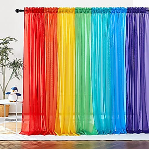 PONY DANCE 7 Pieces Rainbow Sheer Curtains - Colorful Backdrop Bright Drape Set for Playroom,Nurseries,Party,Red,Orange,Yellow,Green,Cyan,Blue,Purple,84 inch Length