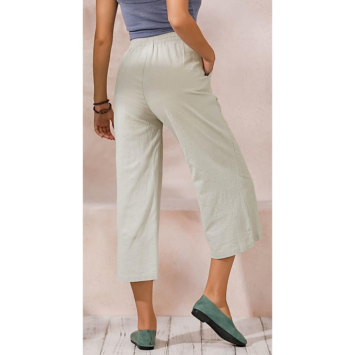 ECUPPER Womens Casual Loose Elastic Waist Cotton Trouser Cropped Wide Leg Pants Natural 18