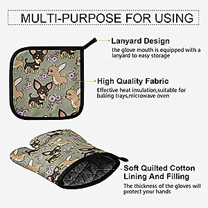 Oven Mitts and Pot Holders Set High Insulated Oven Gloves with Heat Insulation Pad Cute Chihuahua Flower Soft Cotton Lining and Non-Slip Surface Kitchen Mitten for Safe BBQ Cooking Baking