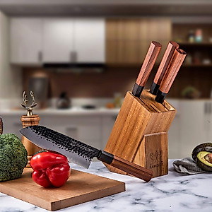 FAMCÜTE Japanese Chef Knife Set, 3 Layer 9CR18MOV Clad Steel w/Rosewood Handle and Block Wooden Holder for 4PCS Kitchen Knife Set (8” Gyuto Knife, 7” Nakiri Knife, 7” Santoku knife, 5” Utility knife)