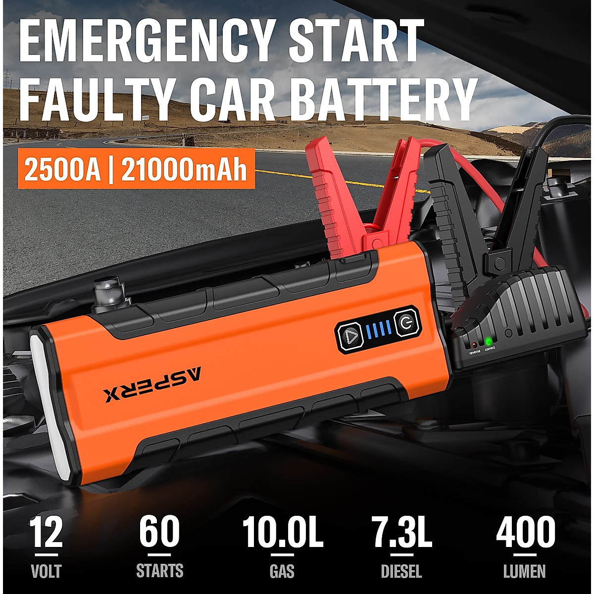 ASPERX AX2500 Jump Starter, 21000mAh 2500A Peak Battery Starter for 10L Gas or 7.3L Diesel Engines, 12V Auto Battery Booster, Lithium Jump Box with USB QC3.0, Jump Pack with Built-in LED Light