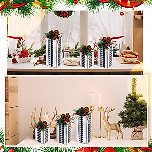 3 Pcs Christmas Table Centerpieces Christmas Table Decor Faux Present Wooden Blocks Rustic Decoration with Buffalo Plaid Bowknot for Holiday Xmas Tree Shelf Tiered Tray Decor (Black, White)