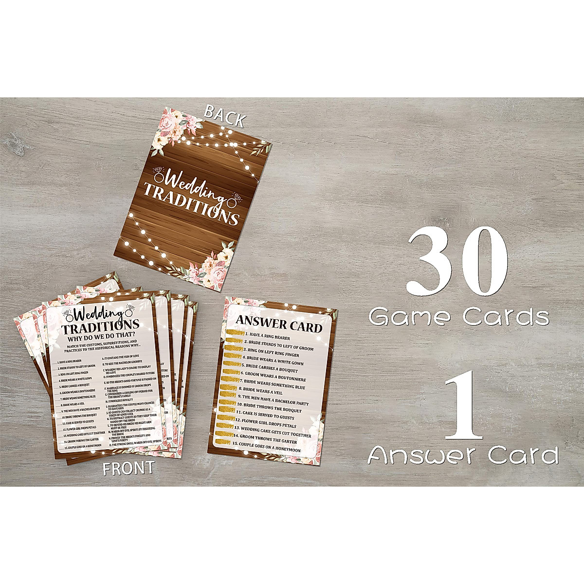 Bridal Shower Game Cards, Wedding Traditions Game, Rustic Wood Pink Floral Engagement Party Cards For Wedding, Set of 30 Cards(brown001)